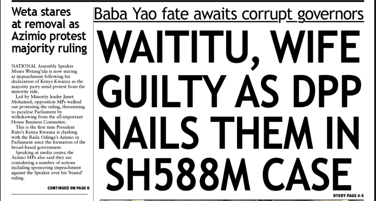 News Brief: Waititu, wife guilty as DPP nails them in Sh588m case